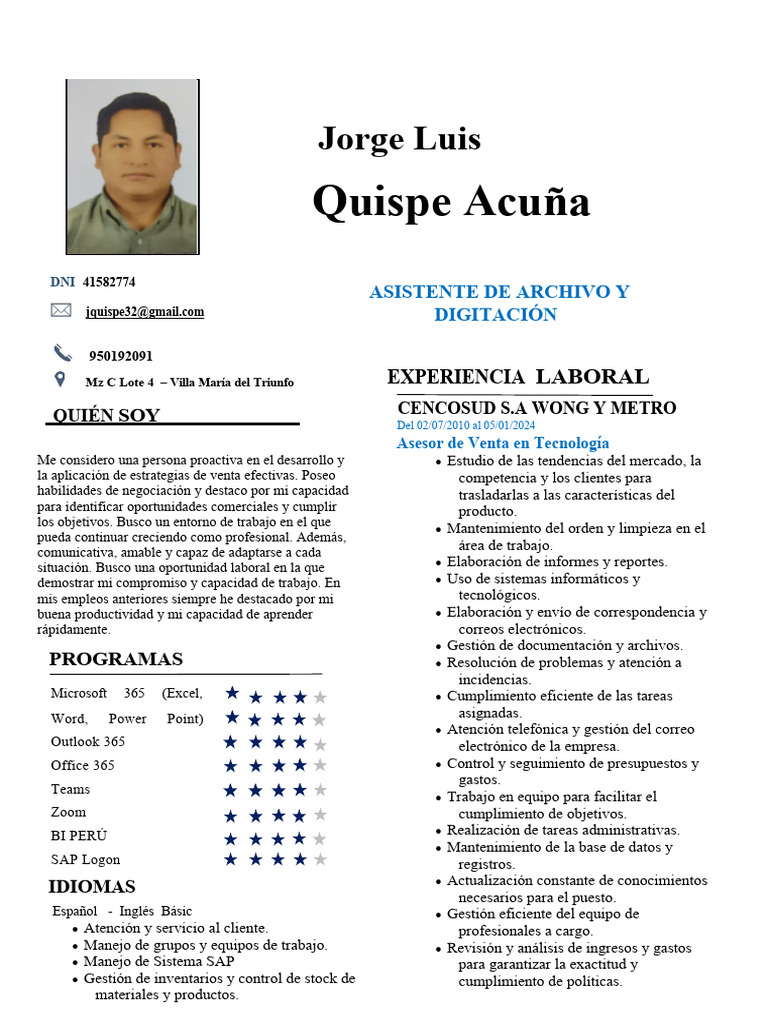 CV - Jorge - Archivo y Digitación | PDF | Servicio al Cliente | Logística