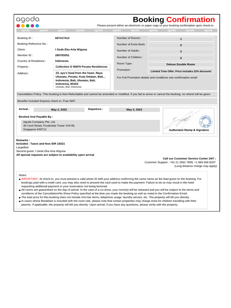 Confirmation For Booking ID # 687417413 | PDF | Payments