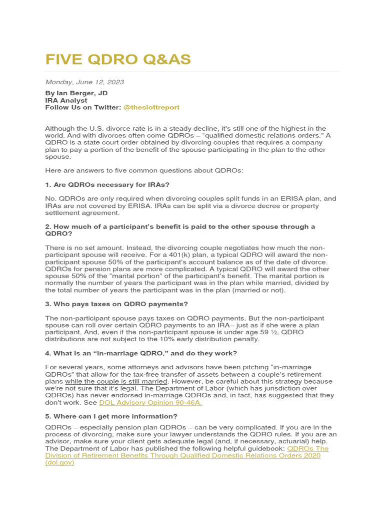 2023.06.12 - Five Qdro Q&as | PDF | Divorce | Individual Retirement Account