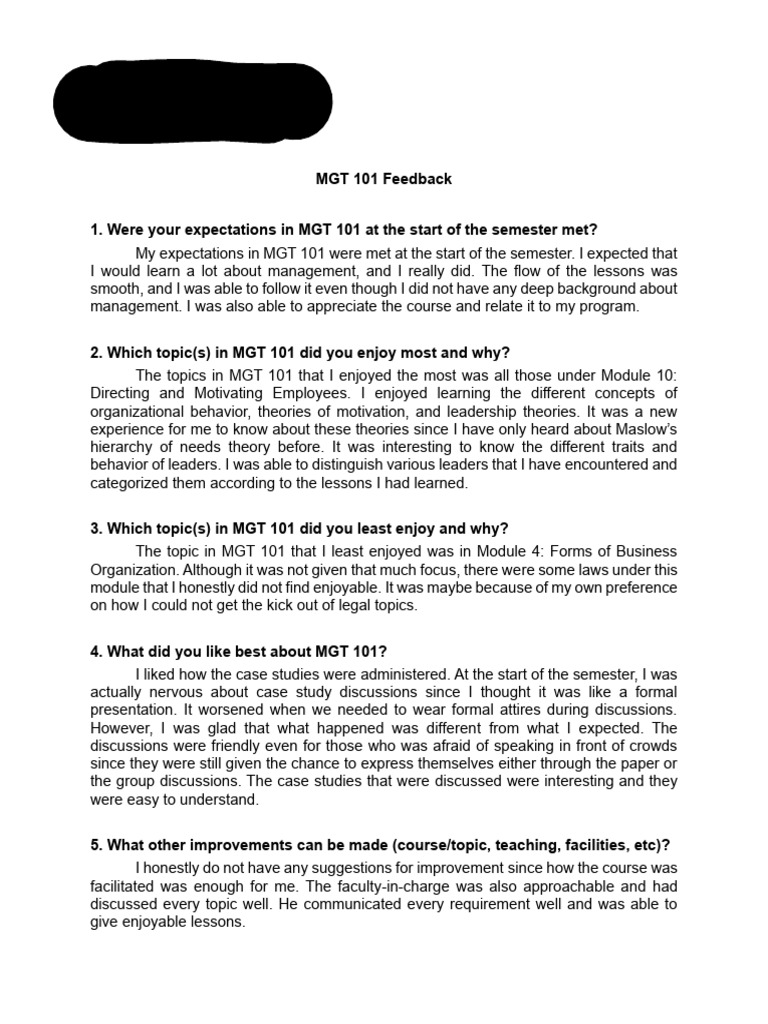 MGT 101 Feedback | PDF | Popular Psychology | Industrial And Organizational Psychology