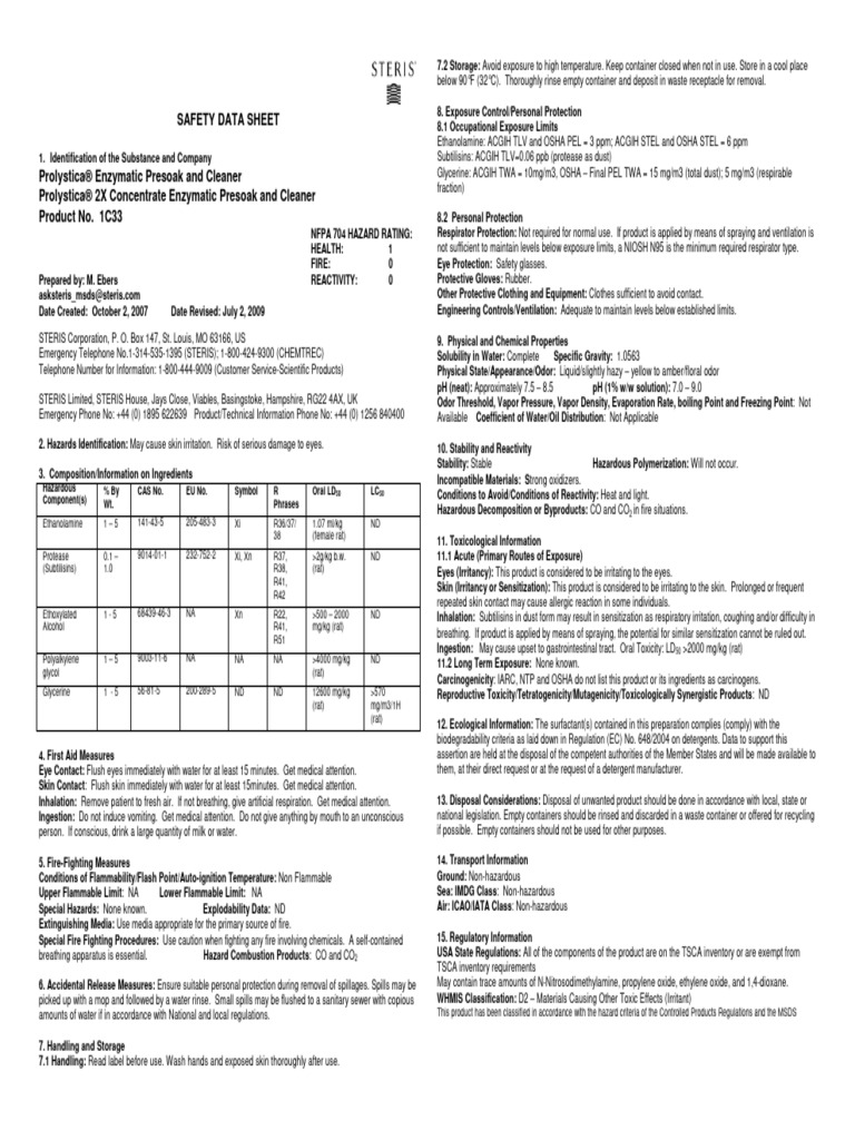 Steris - Enzycare2 - Enzymatic Presoak and Cleaner | PDF | Safety ...