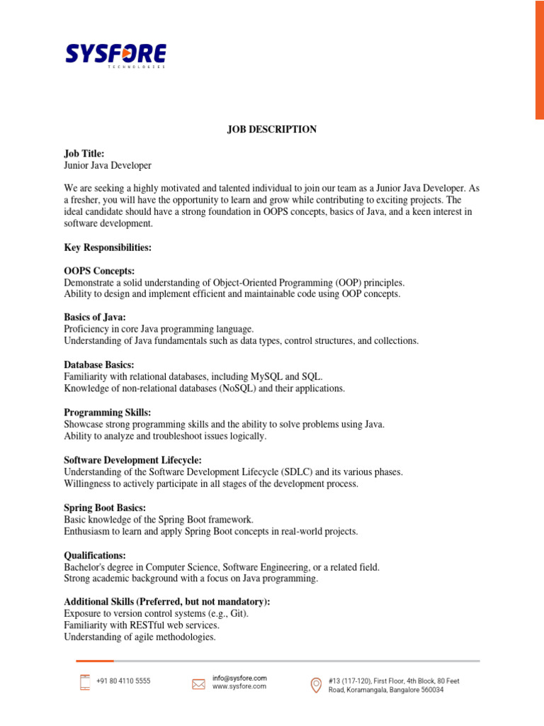 JD - Junior Java Developer | PDF | Software Development Process | Computer Programming