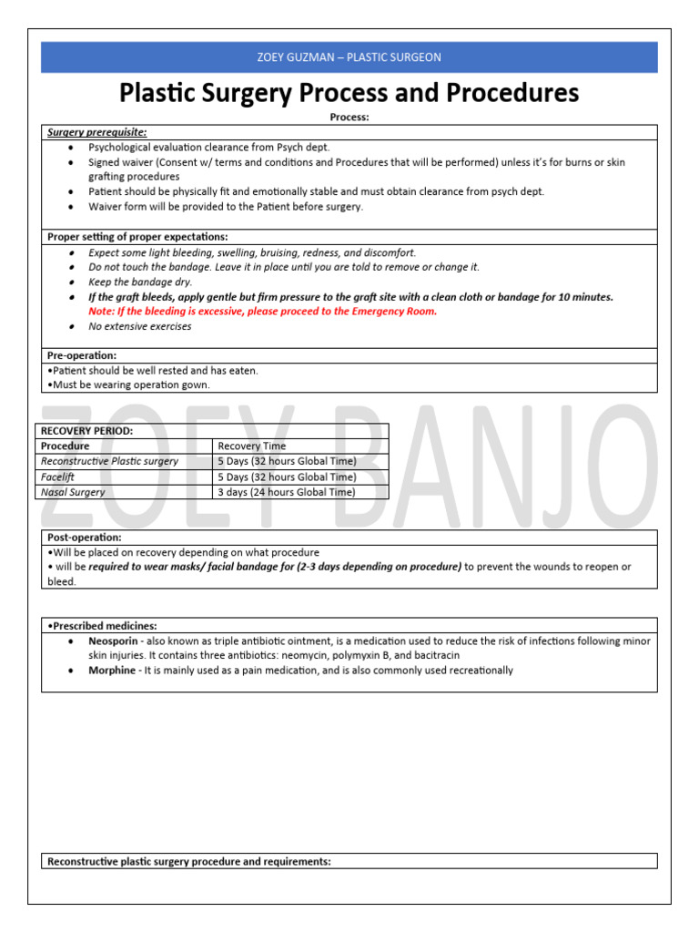 Plastic Surgery Process and Procedure | PDF | Surgery | Wound