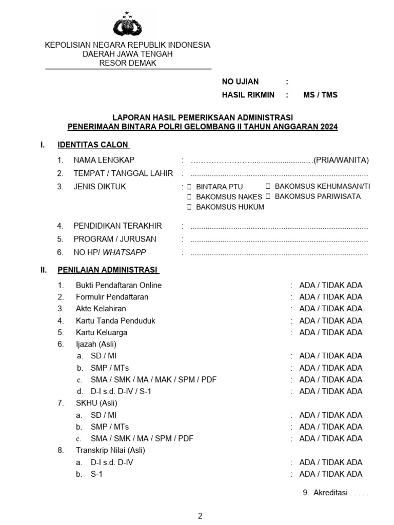 Format Blangko Peserta Rikmin Bintara Polri Ta 2024 Pdf