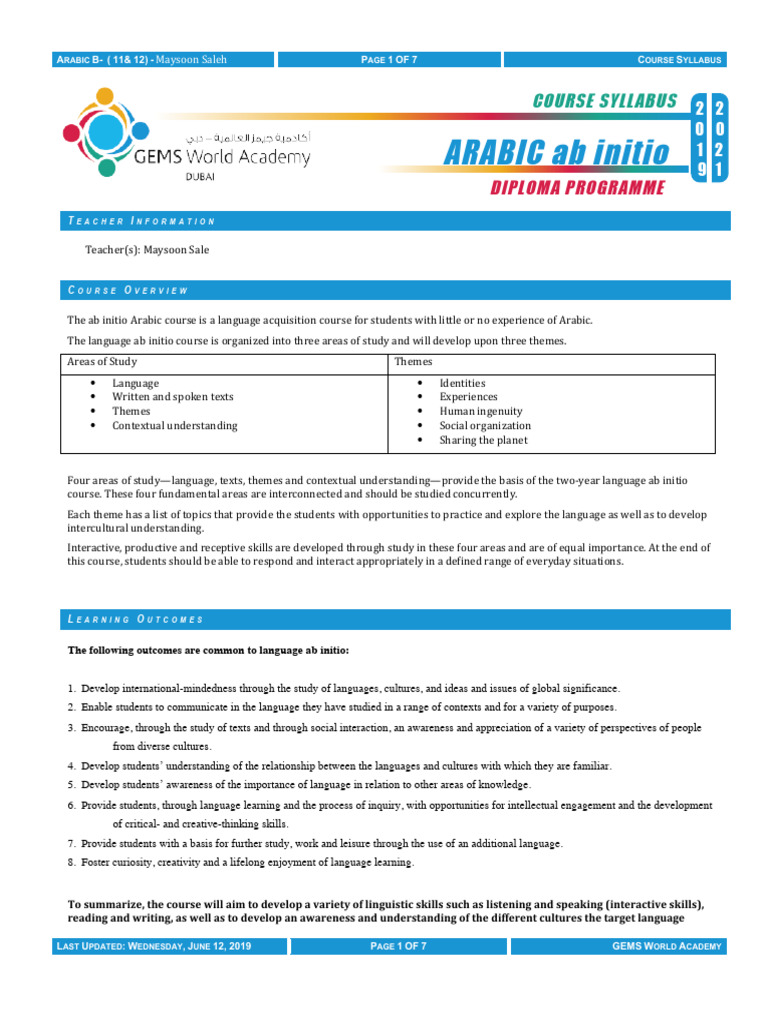 Arabic AB Initio Course Syllabus New | PDF | Reading Comprehension | Creativity