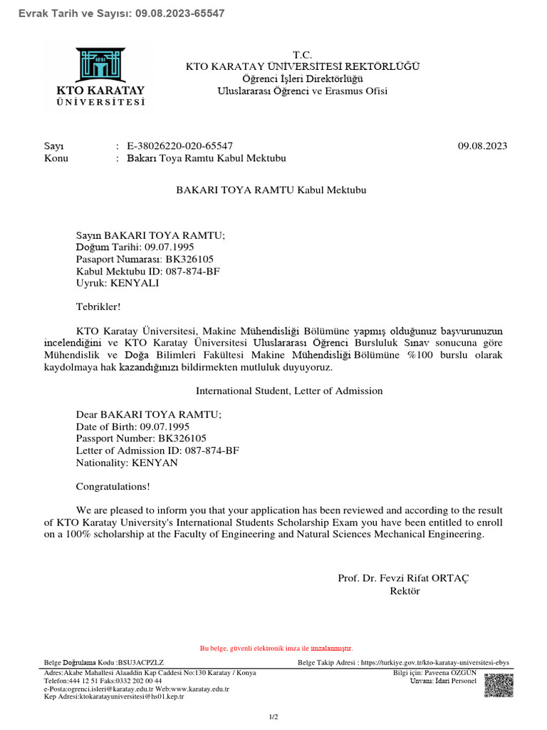 BAKARI TOYA RAMTU Kabul Mektubu | PDF