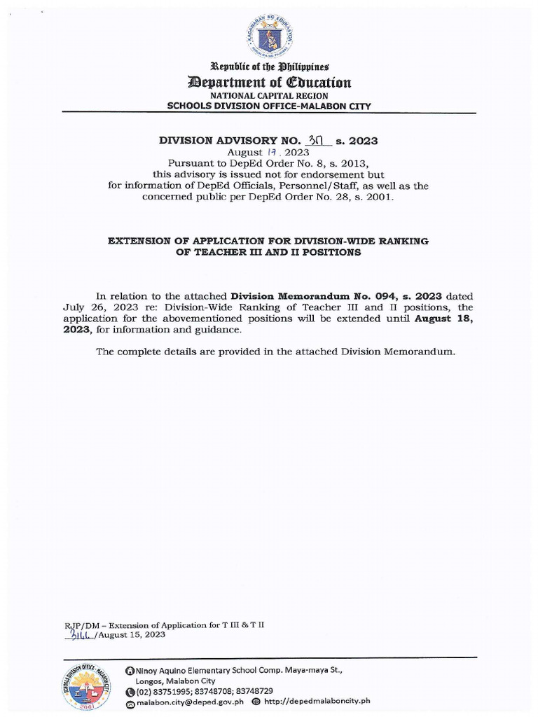 Da-23-351 Extension of Application For Division-Wide Ranking of Teacher ...