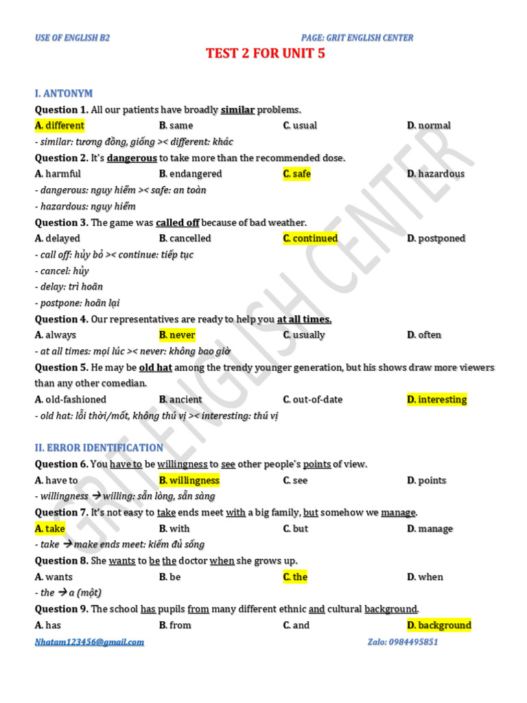 TEST 2 FOR UNIT 5 - KEY | PDF