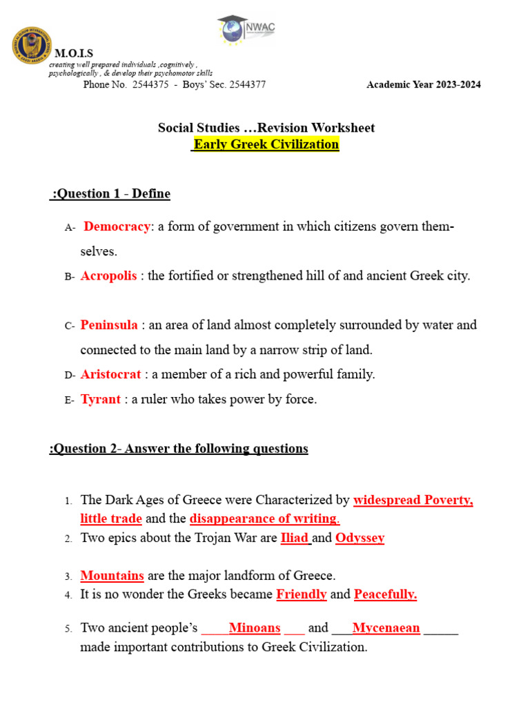 Early Greek Civilization W.Sheet... 23 - 24 | PDF | Greeks | Mycenaean ...