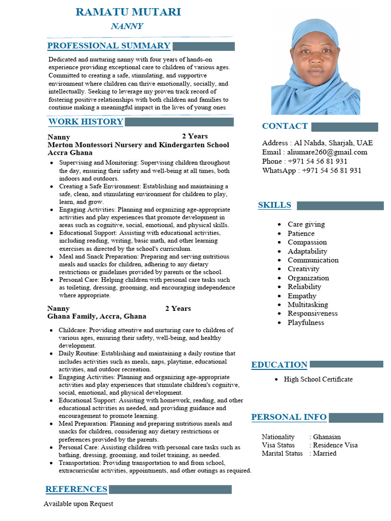 Ramatu Mutari Nanny Cv | PDF | Preschool | Psychology