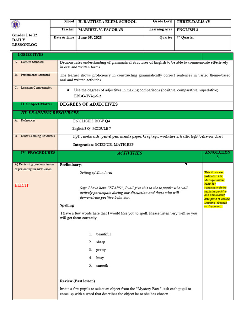 Cot English 3 QTR 4 Degree Adjectives | Download Free PDF | Learning ...