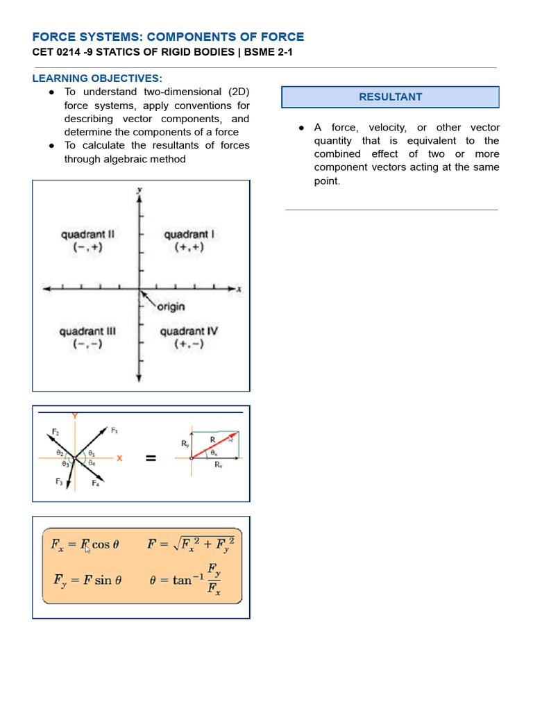 2 Statics of Rigid Bodies - Force Systems - Components of Force | PDF | Force | Euclidean Vector