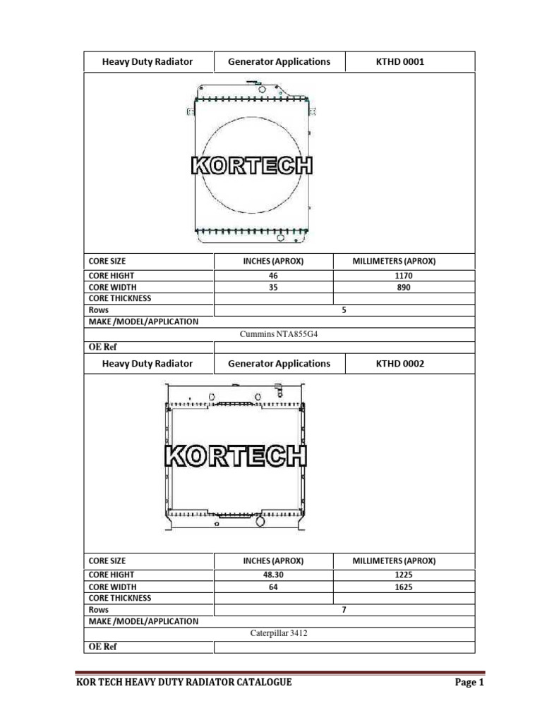 KOR TECH HEAVY DUTY RADIATOR CATALOGUE | PDF | Rotating Machines | Engines