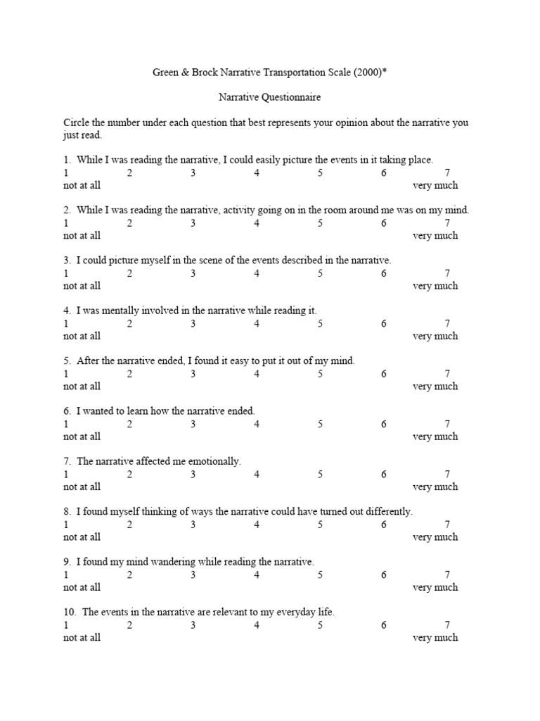 NarrativeTransportationScale 2 | PDF | Narrative | Mind