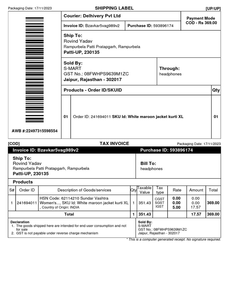 Rovind Yadav: Shipping Label Courier: Delhivery PVT LTD | PDF | Taxes ...