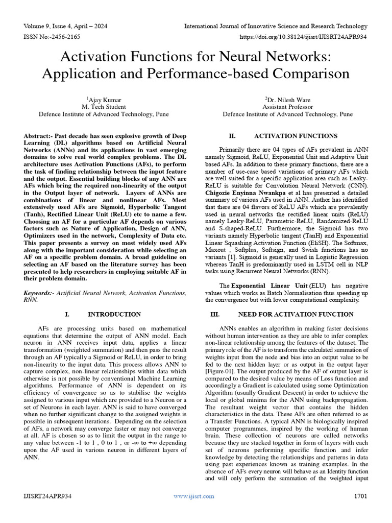 Activation Functions For Neural Networks Application And Performance