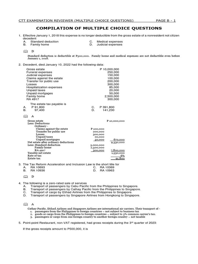 CTT EXAMINATION REVIEWER - Compilation of MCQs (Key) | PDF | Taxes | Value Added Tax