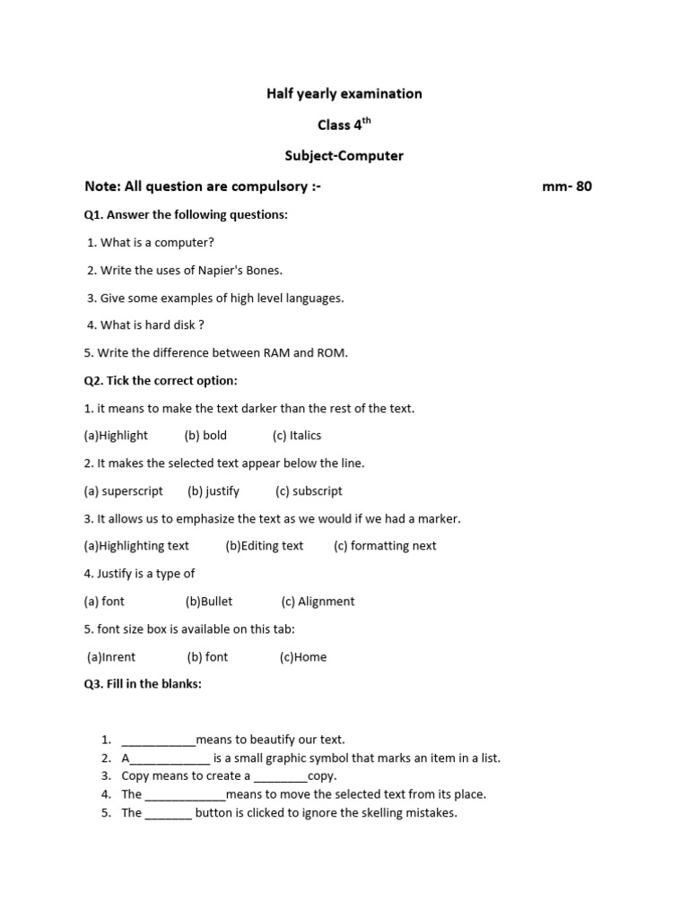Class 4 Computer Half-Year Exam Questions | PDF