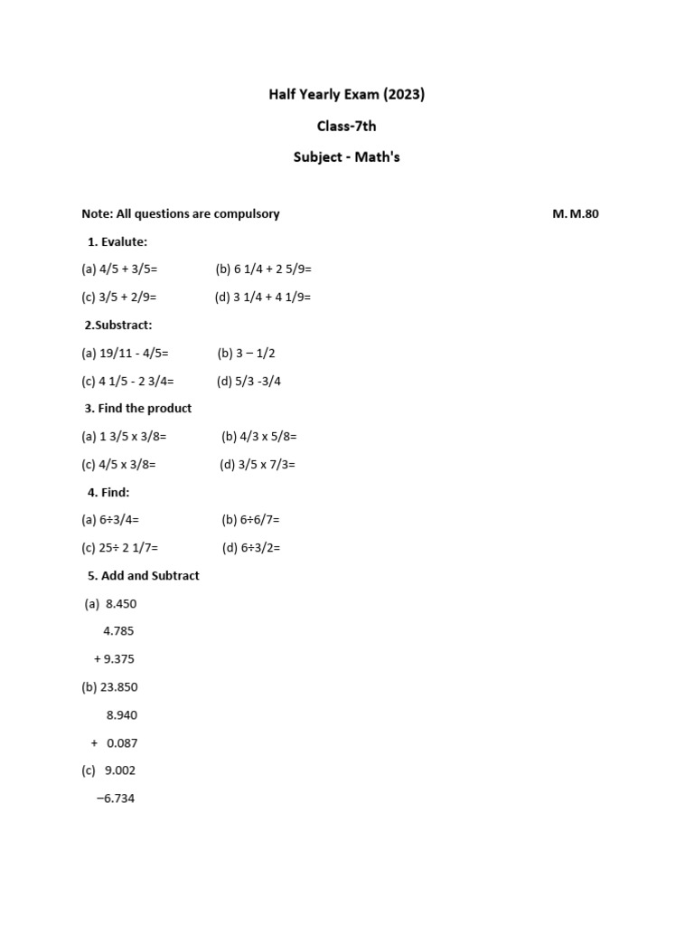 Half Yearly Exam (2023) Class 7 Maths | PDF