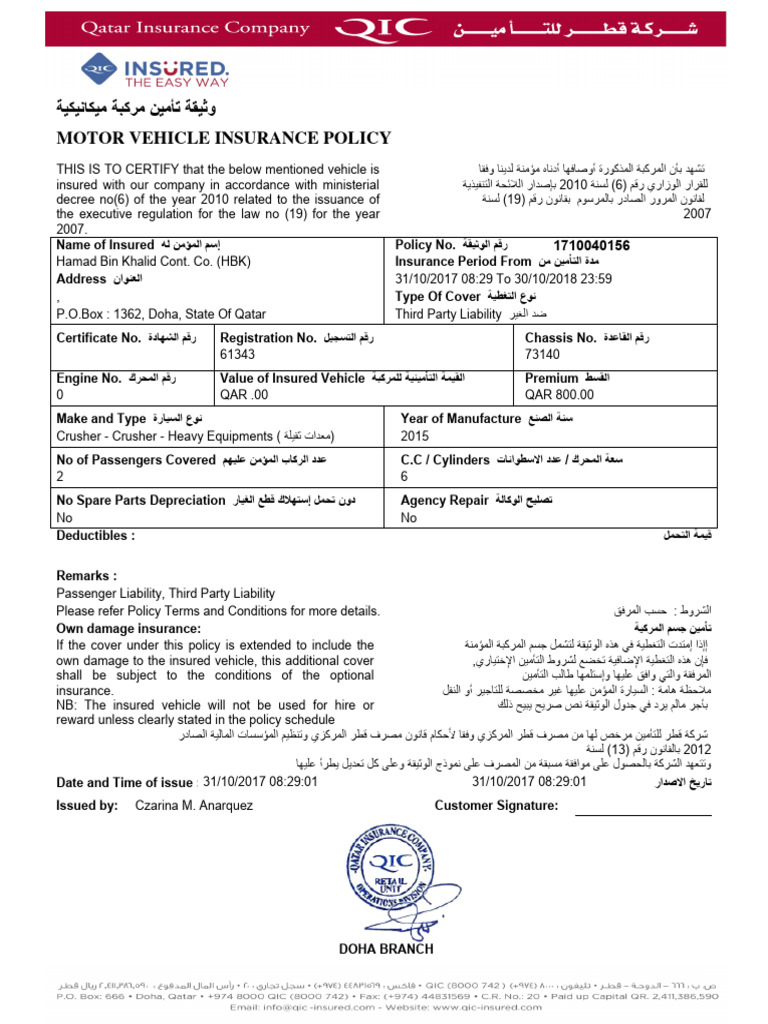 Motor Vehicle Insurance Policy | PDF | Insurance | Vehicles