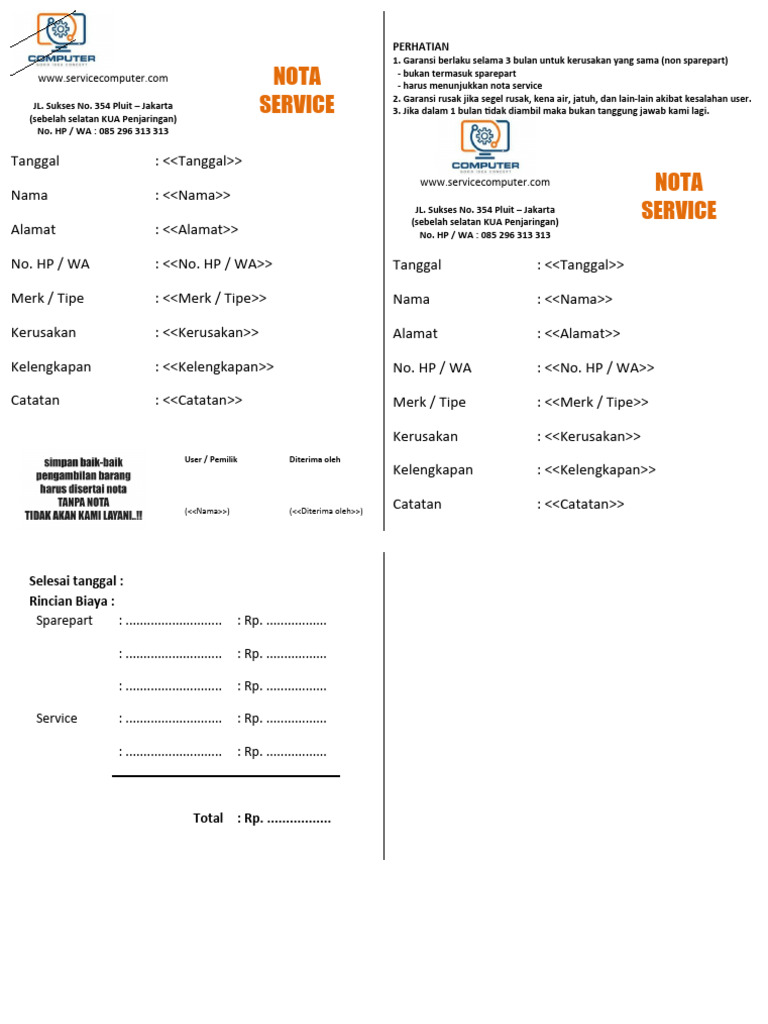 Nota Service Contoh | PDF | Teknologi & Rekayasa