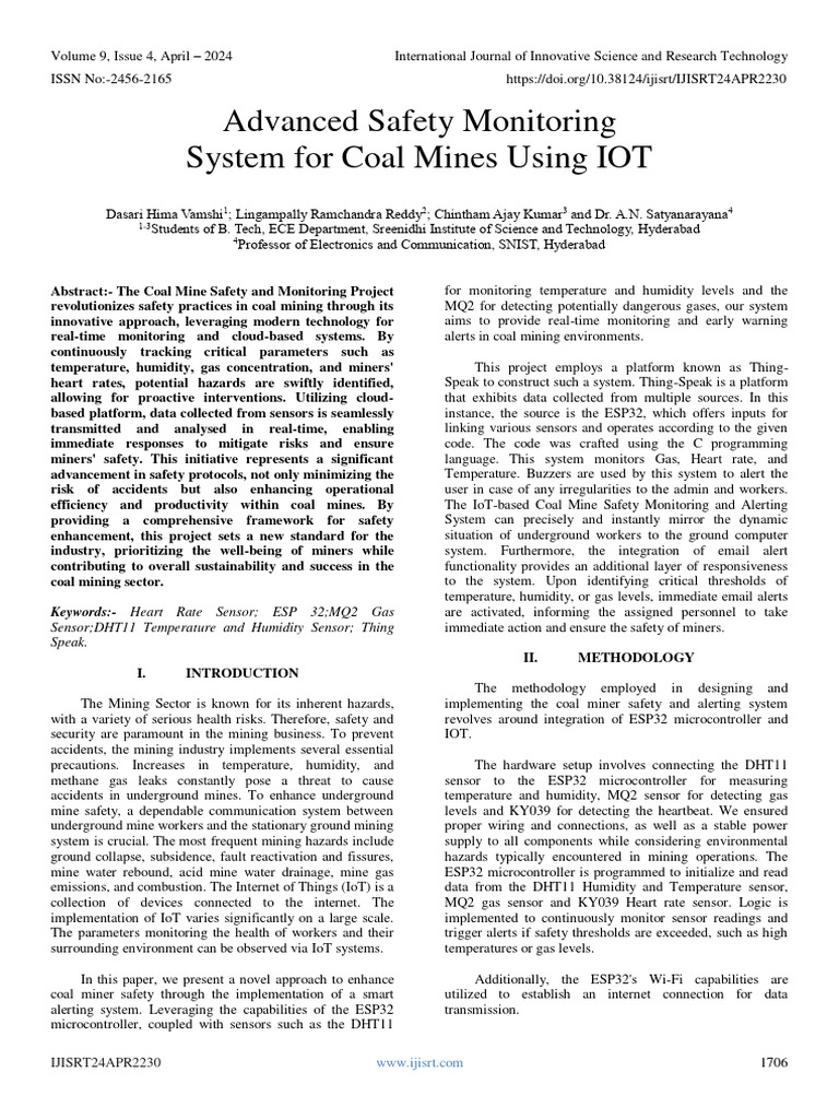 Advanced Safety Monitoring System For Coal Mines Using Iot Pdf Internet Of Things Sensor