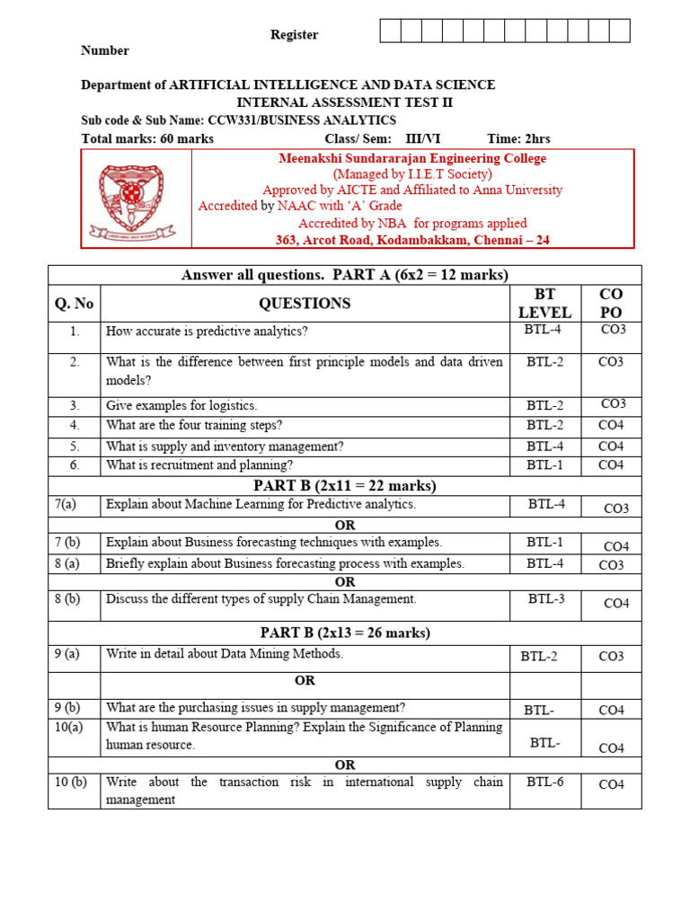 ccw331 Business Analytics Internal I SET 1 Question Paper | PDF ...