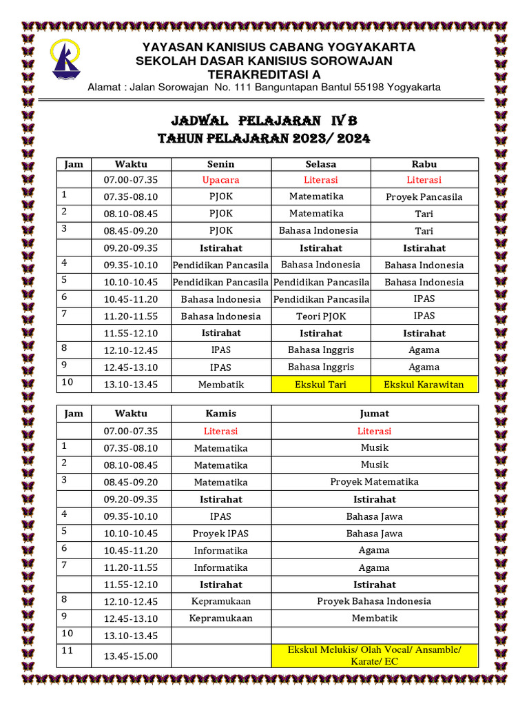 Jadwal Pelajaran IVB 2023-2024 | PDF | Seni & Disiplin Bahasa
