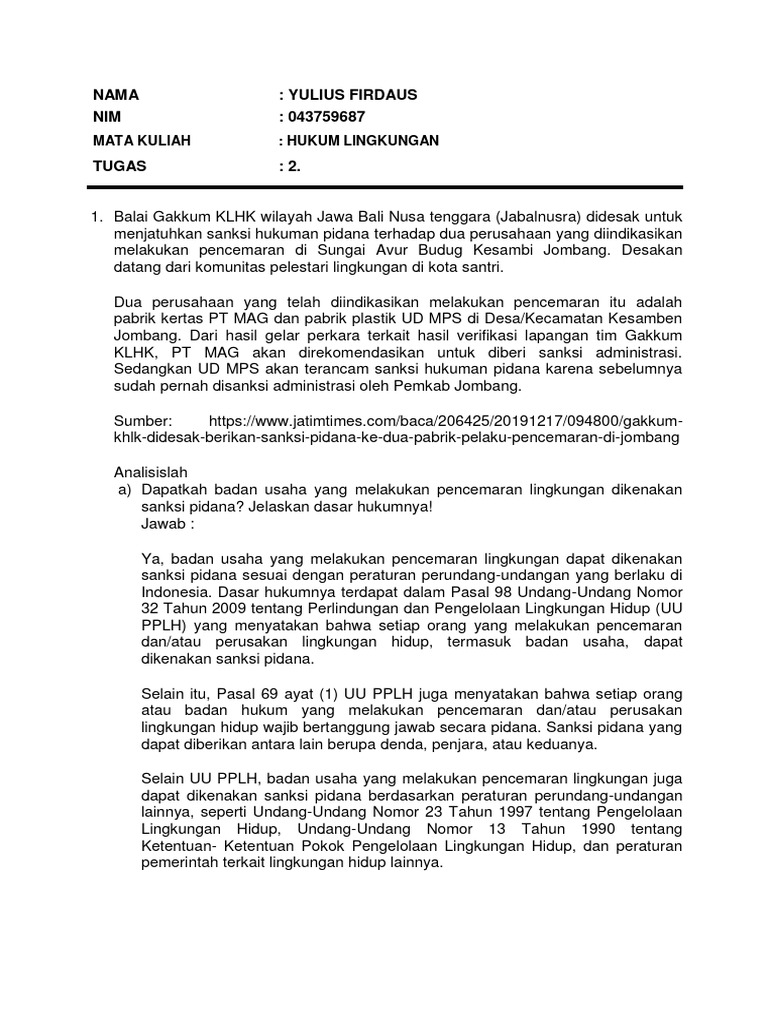 Tugas 2 Hukum Lingkungan Yulius Firdaus | PDF