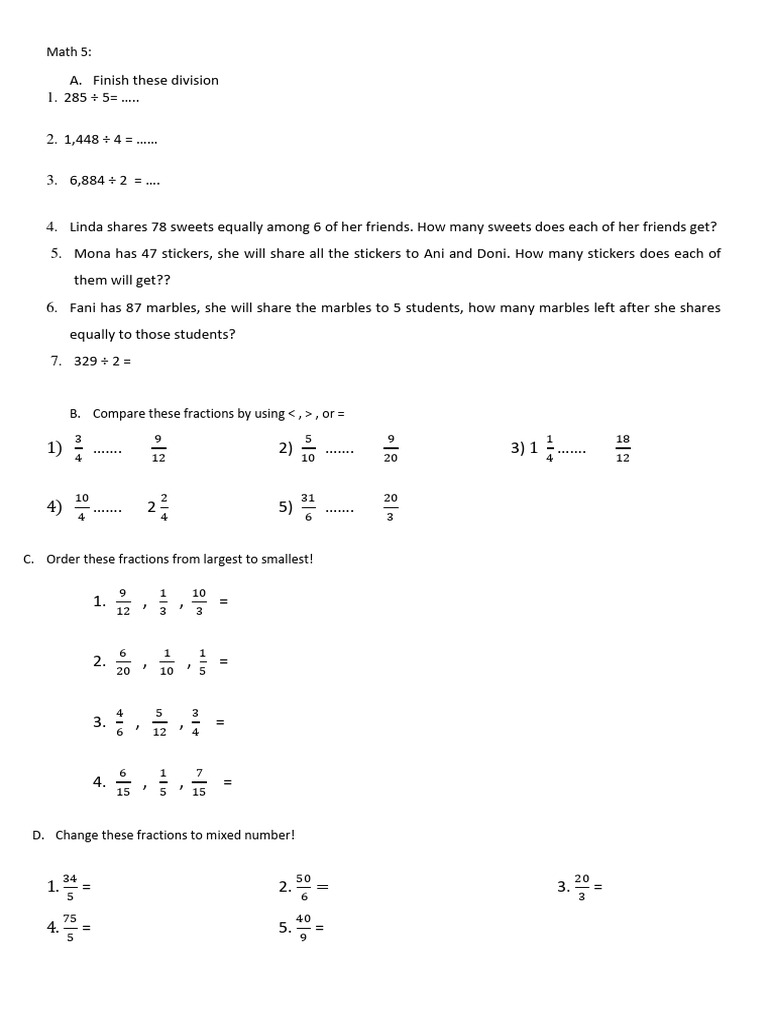 Year 5 Comparing, Ordering, Fraction and Decimal Number | Download Free ...