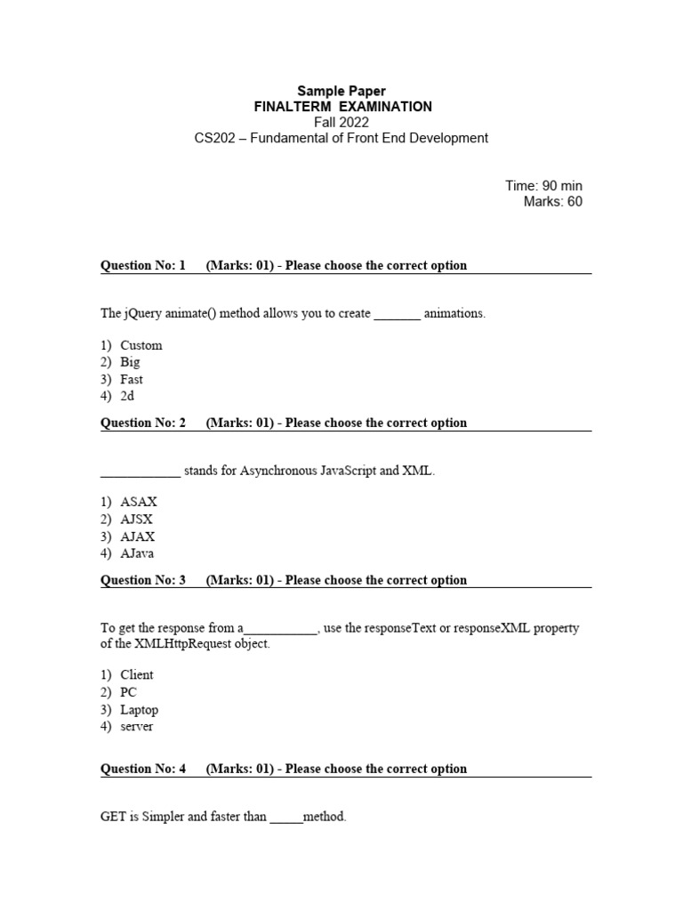 CS202 Front End Development Exam Guide | PDF | J Query | Ajax (Programming)