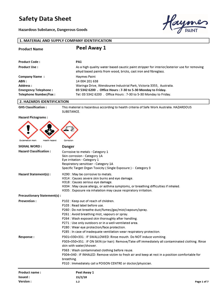 Peel Away 1 Sds 2018 Pdf Dangerous Goods Toxicity