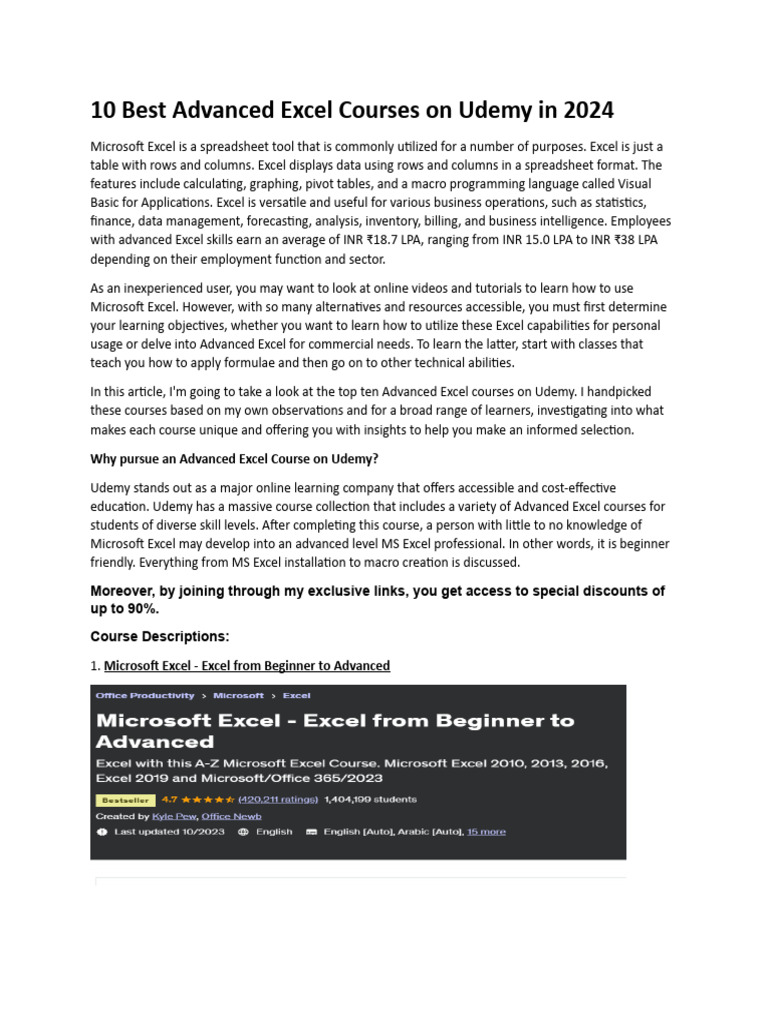 10 Best Advanced Excel Courses On Udemy in 2024 | PDF | Microsoft Excel | Spreadsheet