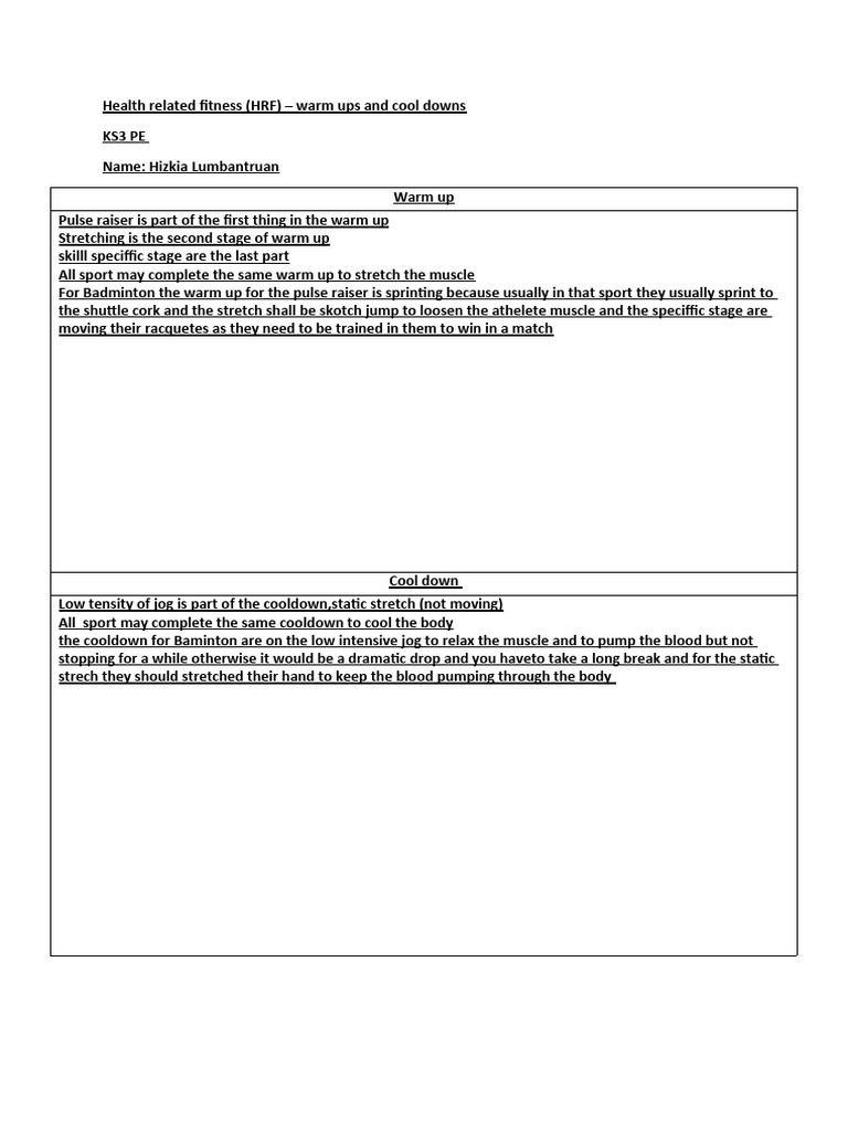 Warm up and cool down worksheet | PDF