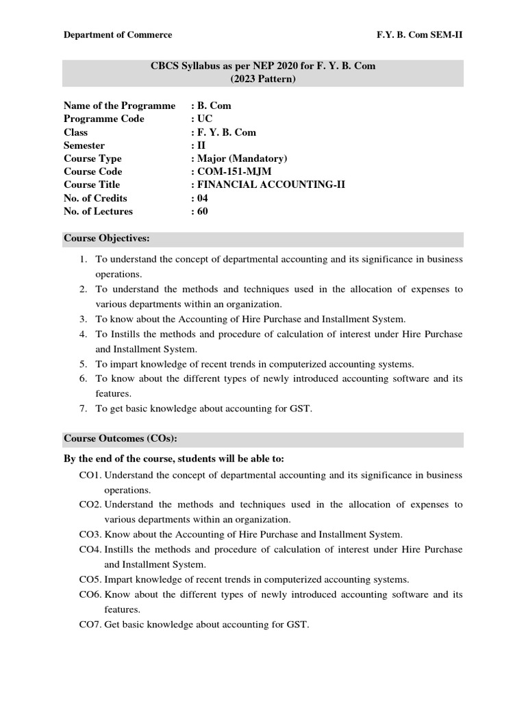 Syllabus - UG Sem II NEP 2020 | PDF | Banks | Securities (Finance)