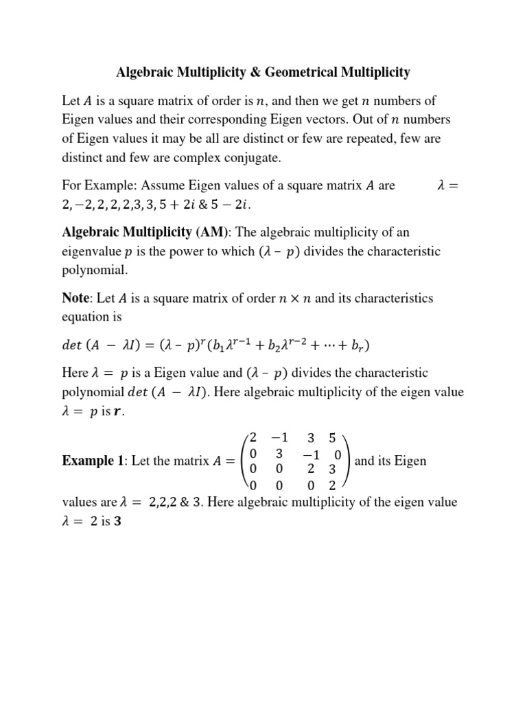 Algebraic Multiplicity, Geometrical Multiplicity & Orthogonal Matrix - by P K Kar | PDF ...