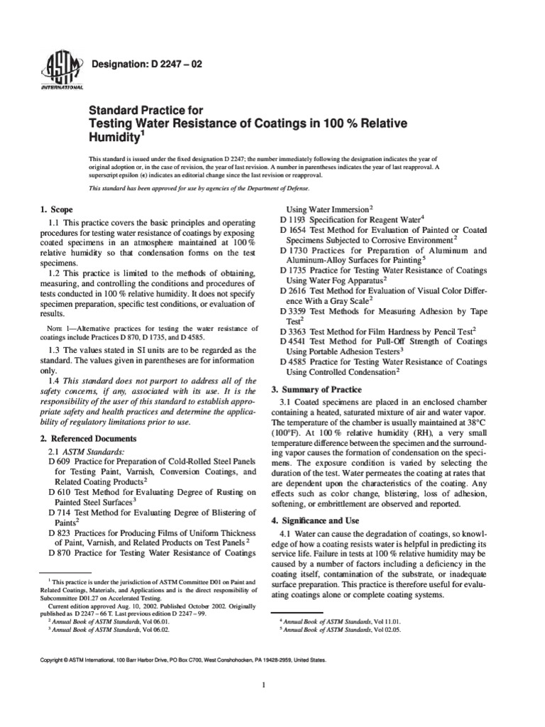 Astm-D-2247 (Water Resistance at 100%RH | PDF | Water | Humidity