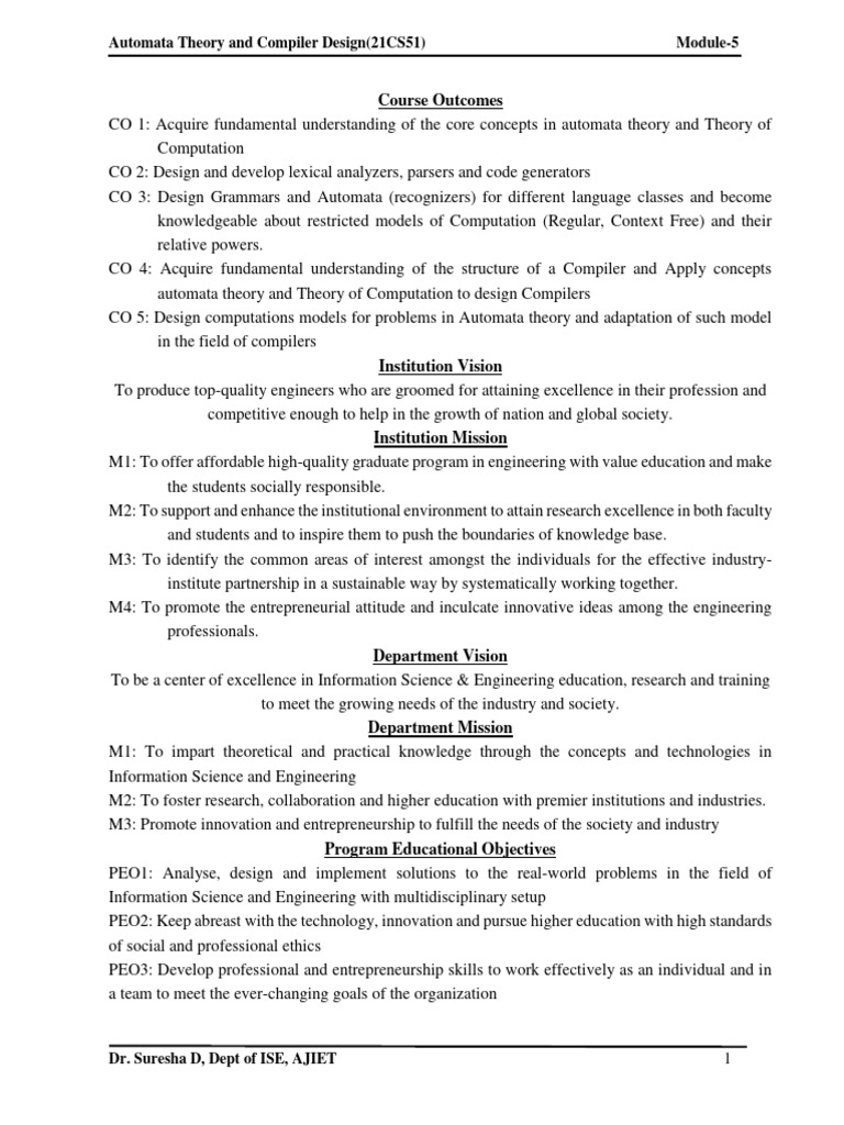 Course Outcomes: Automata Theory and Compiler Design (21CS51) Module-5 | PDF | Engineering | Science