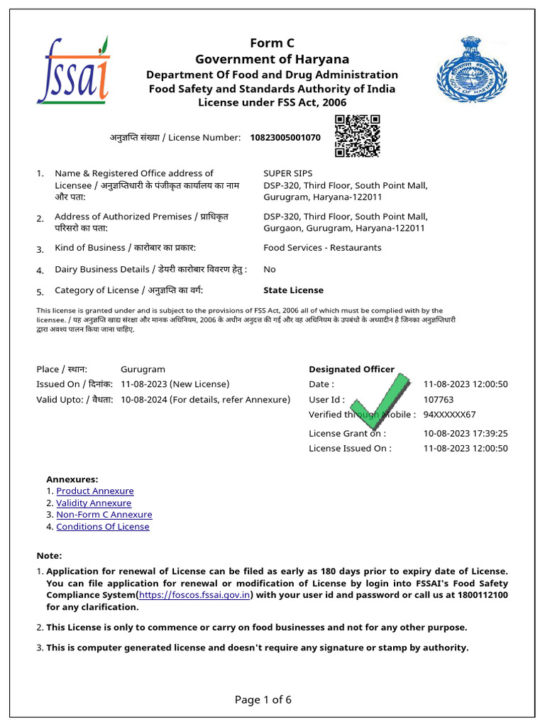 Fssai License-Super Sips | PDF | Cooking Oil | License