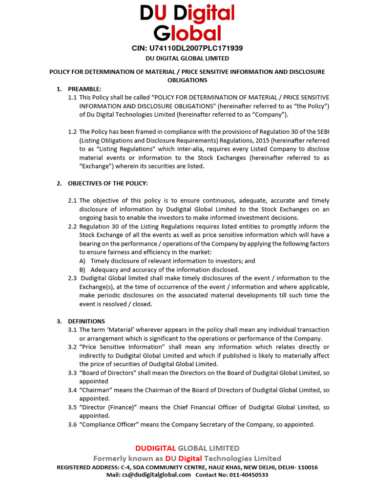 DU Digital Global Disclosure Policy | PDF | Securities (Finance) | Stocks