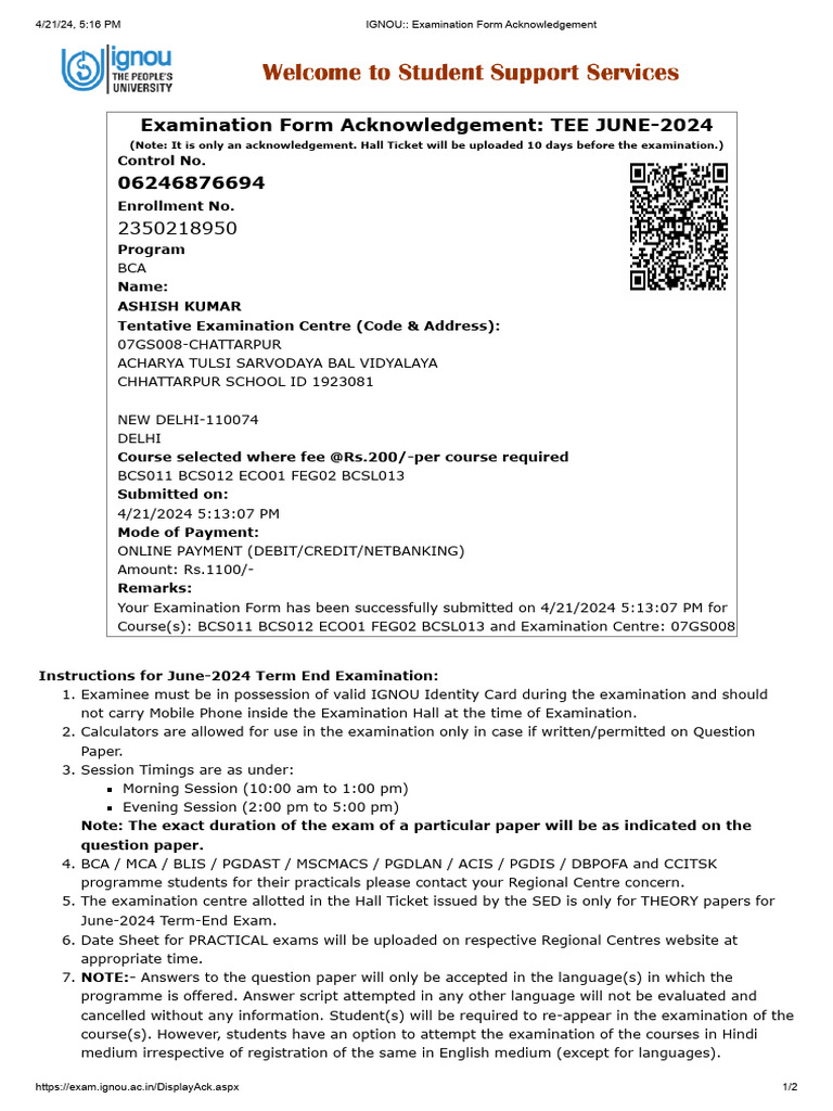 IGNOU__ Examination Form Acknowledgement | PDF | Banking Technology ...