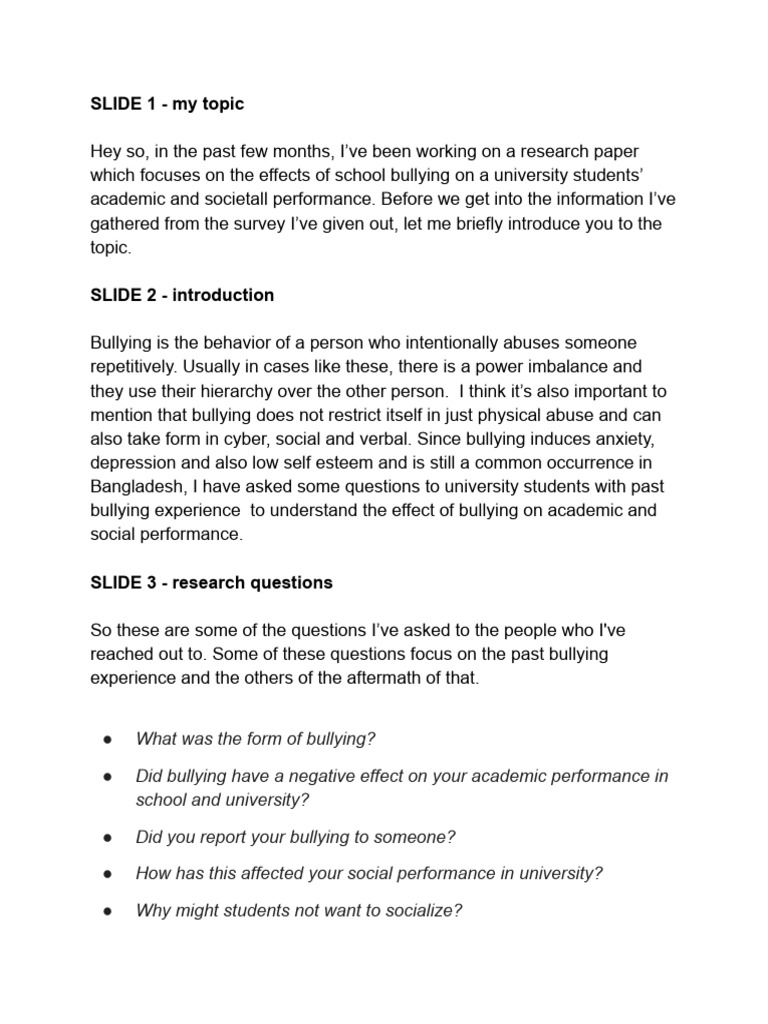 English Presentaion Slide Script | PDF | Bullying | Interpersonal Relationships