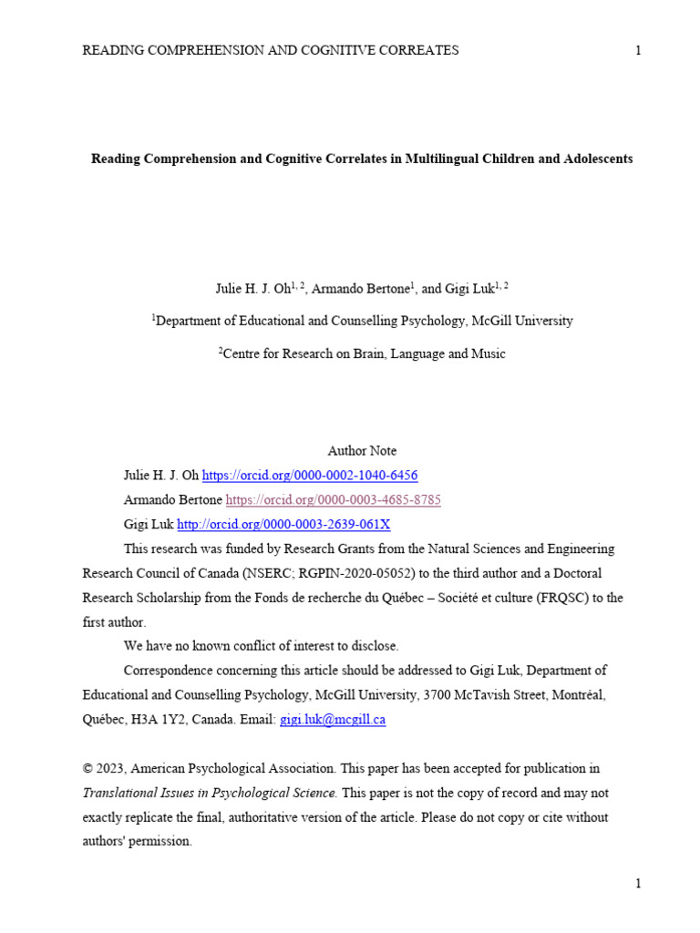 Oh, Bertone & Luk 2023 | PDF | Multilingualism | Working Memory
