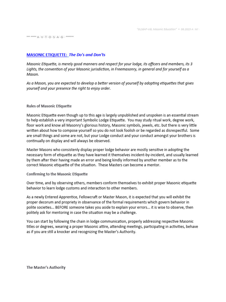 Masonic Etiquette Learn The Dos and Donts of Masonic Etiquette | PDF | Freemasonry | Etiquette