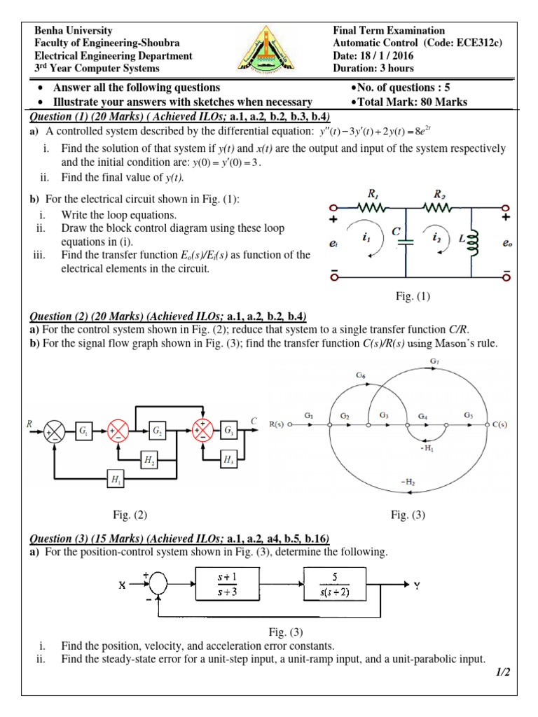 AC - Final 2016 + Model Answer | PDF | Control Theory | Function (Mathematics)
