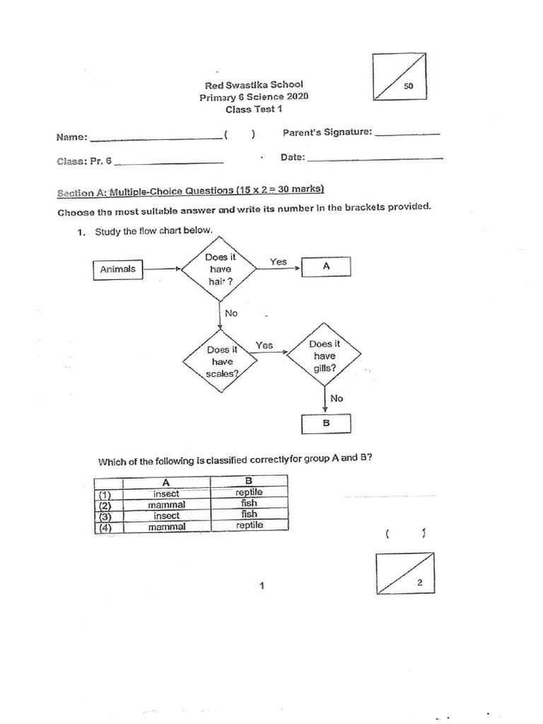 P6 Science 2020 CA1 Red Swastika Exam Paper (1) | PDF