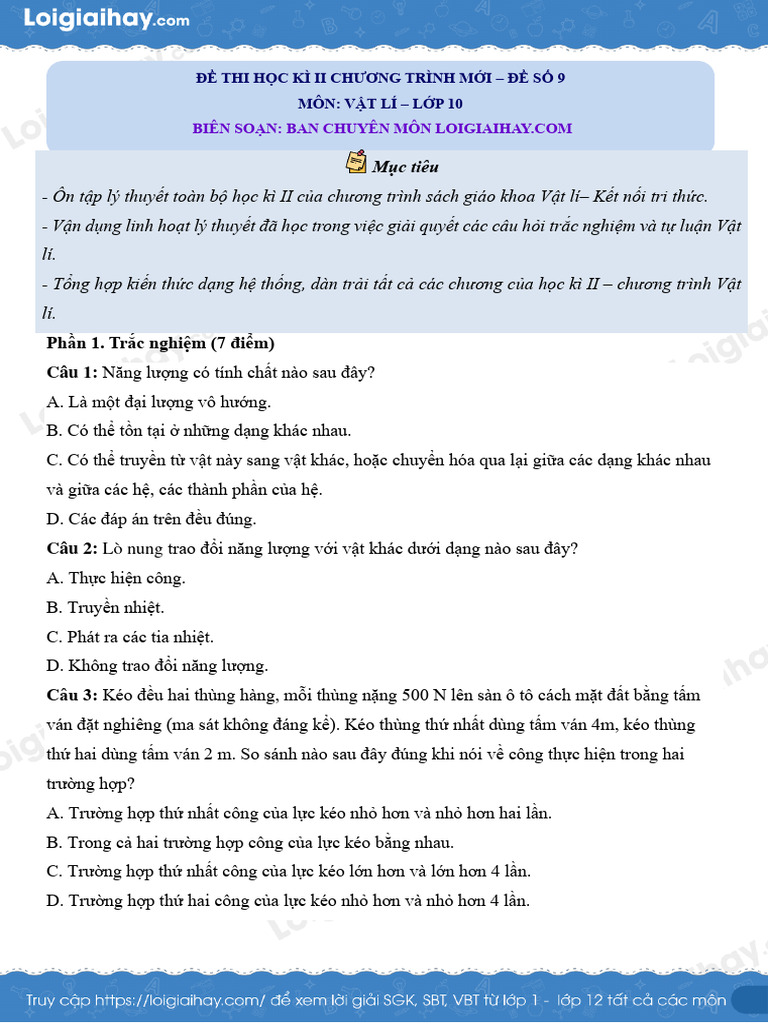 De Thi Hoc Ki 2 Vat Li 10 Ket Noi Tri Thuc de So 9 1681874224 | PDF