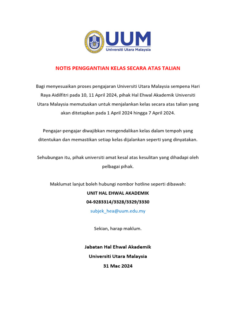 Notis Penggantian Kelas UUM | PDF
