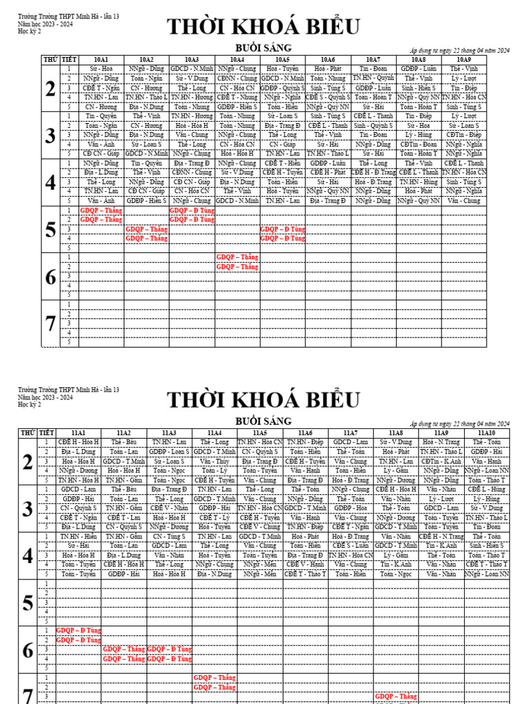 TKB TOÀN TRƯỜNG SÁNG - TUẦN 32 (22.4 - 27.4.2024) - K10.11 NGHỈ 5.6.7 | PDF