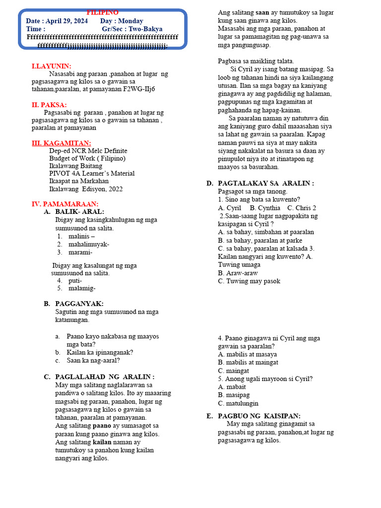 Filipino Lesson plan | PDF